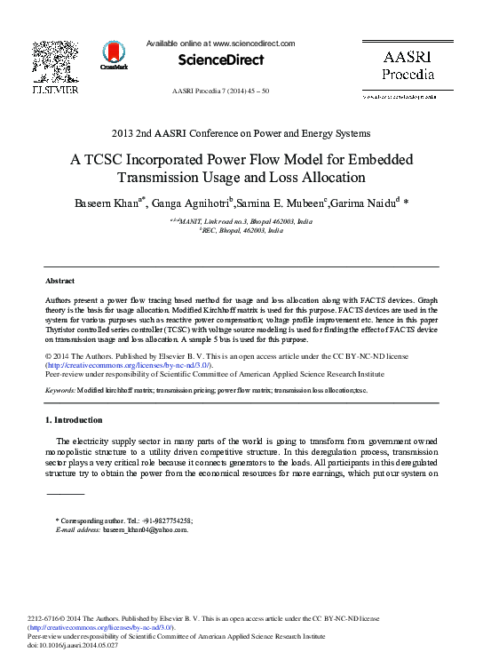 (PDF) A TCSC Incorporated Power Flow Model for Embedded Transmission Usage and Loss Allocation