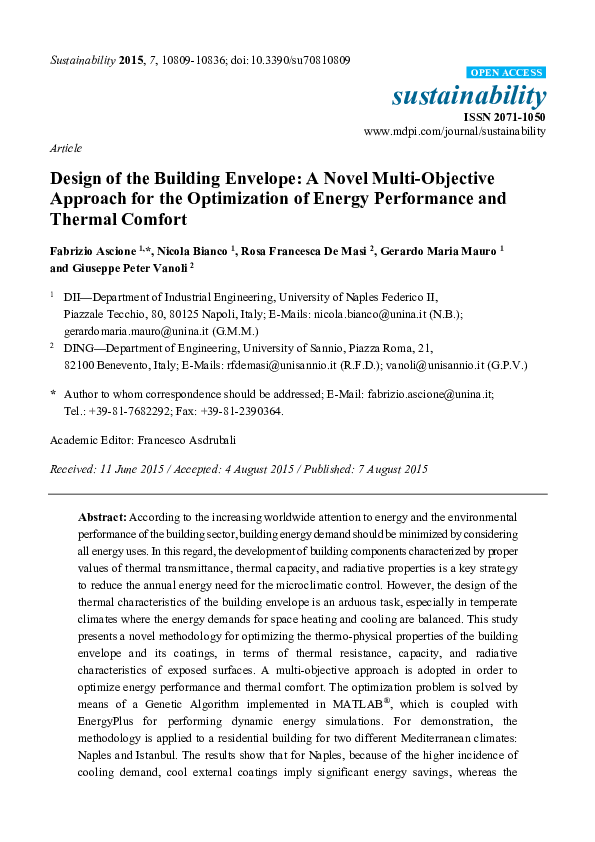 Pdf Design Of The Building Envelope A Novel Multi Objective Approach For The Optimization Of