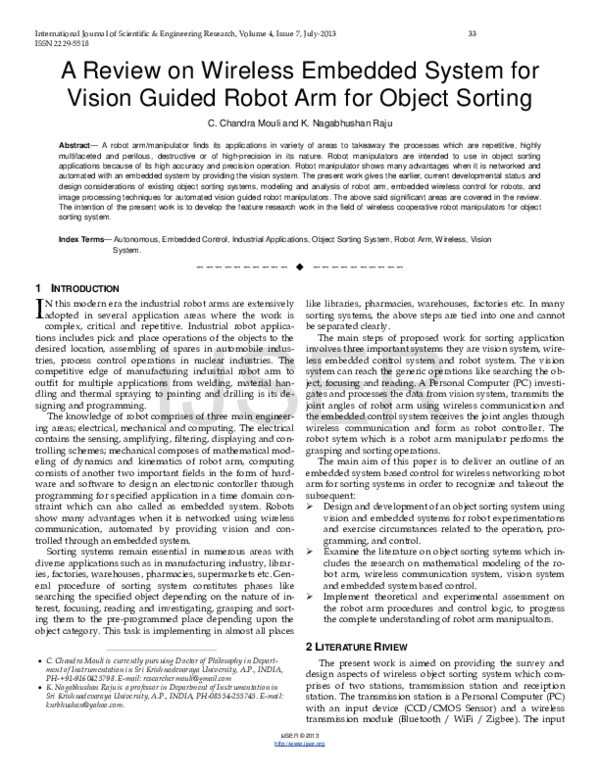 Pdf A Review On Wireless Embedded System For Vision Guided Robot Arm For Object Sorting