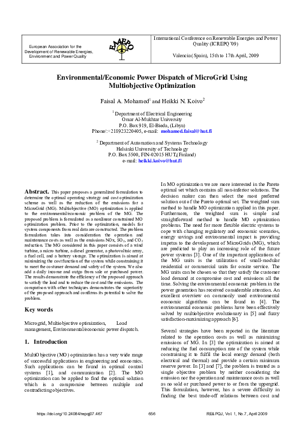 (PDF) Environmental/economic power dispatch of microgrid using multiobjetive optimization