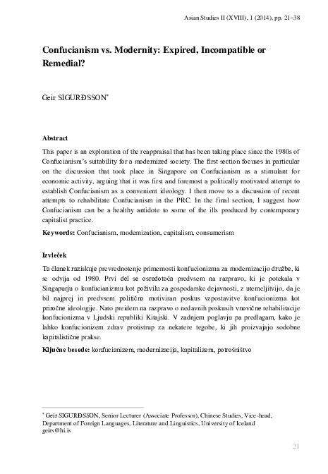 (PDF) Confucianism vs. Modernity: Expired, Incompatible or Remedial?