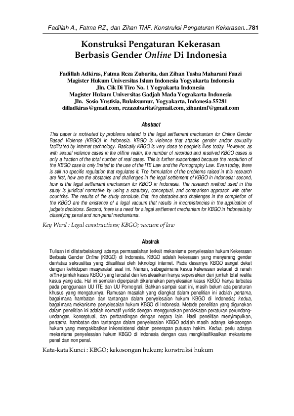 (PDF) Konstruksi Pengaturan Kekerasan Berbasis Gender Online Di Indonesia