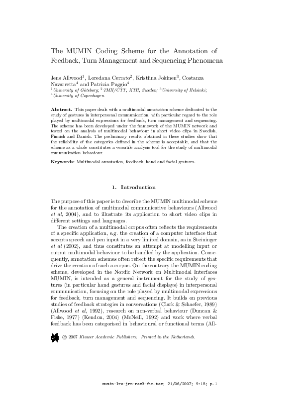 (PDF) The MUMIN coding scheme for the annotation of feedback, turn management and sequencing ...