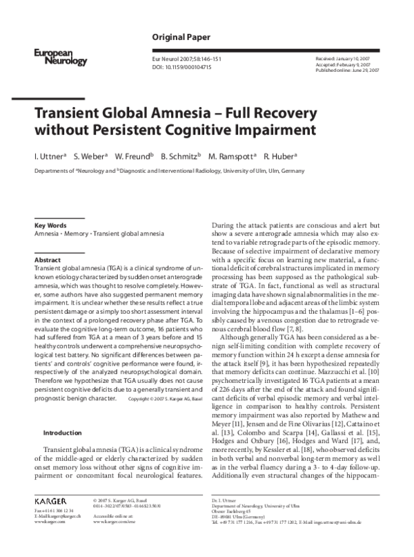 (PDF) Transient Global Amnesia – Full Recovery without Persistent ...