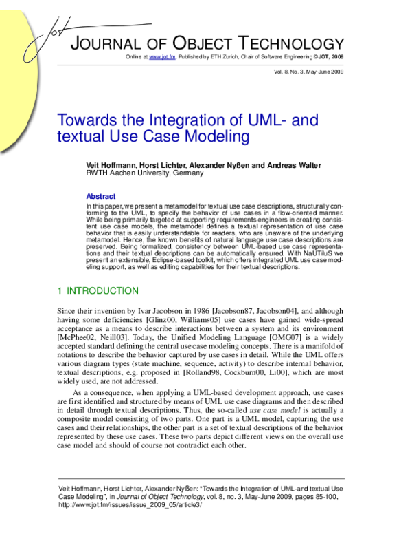 Pdf Towards The Integration Of Uml And Textual Use Case Modeling Veit Hoffmann