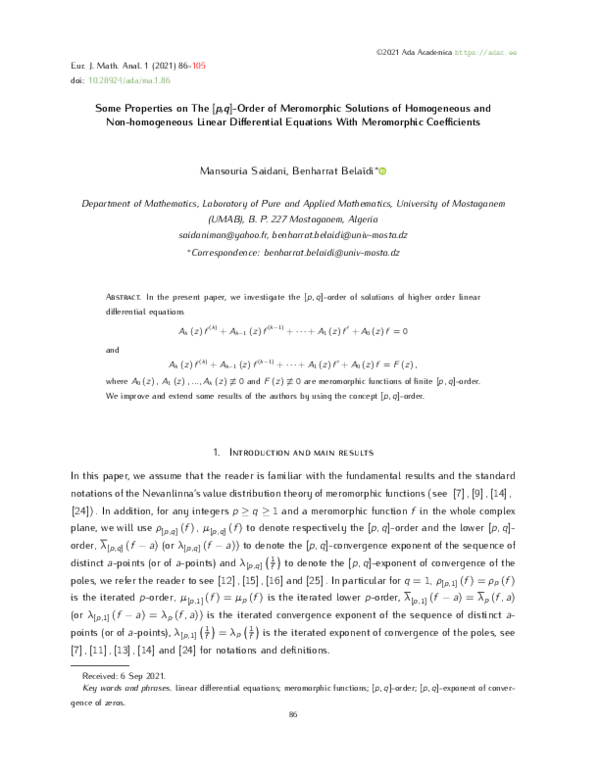 (PDF) Some Properties on The [p,q]-Order of Meromorphic Solutions of Homogeneous and Non ...