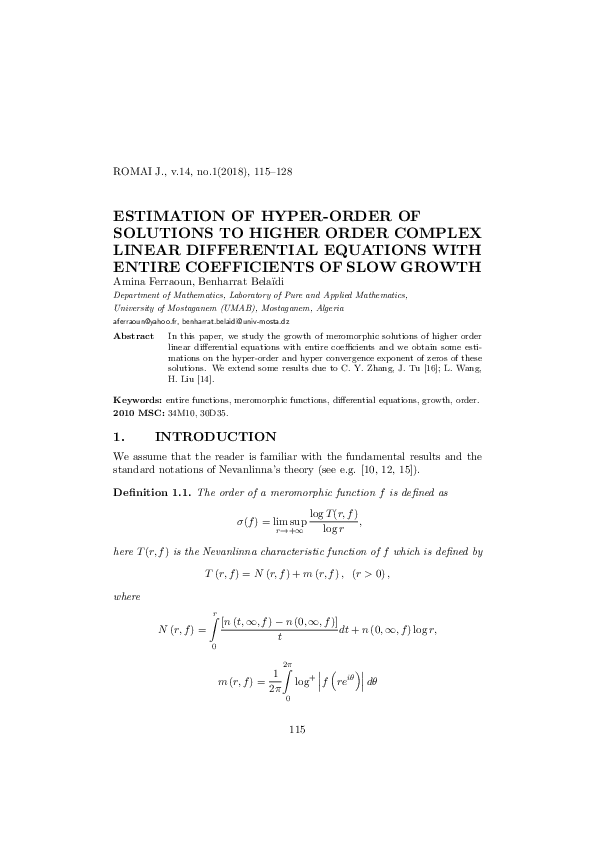 Pdf Estimation Of Hyper Order Of Solutions To Higher Order Complex Linear Differential
