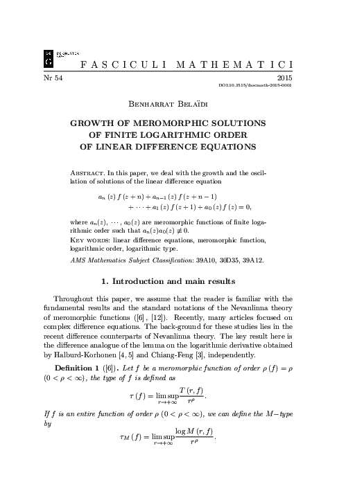 (PDF) Growth of Meromorphic Solutions of Finite Logarithmic Order of Linear Difference Equations