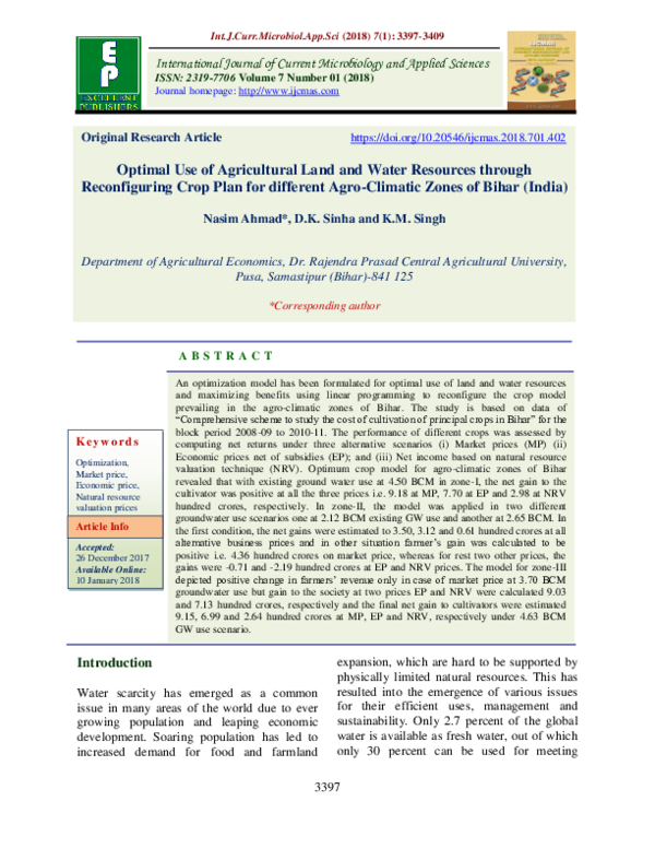 Pdf Optimal Use Of Agricultural Land And Water Resources Through Reconfiguring Crop Plan For
