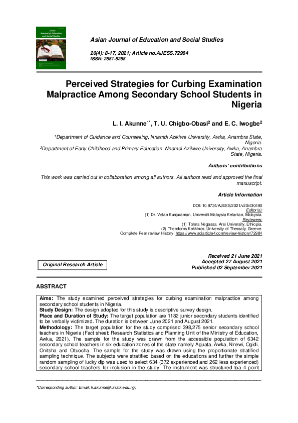 (PDF) Perceived Strategies for Curbing Examination Malpractice Among ...