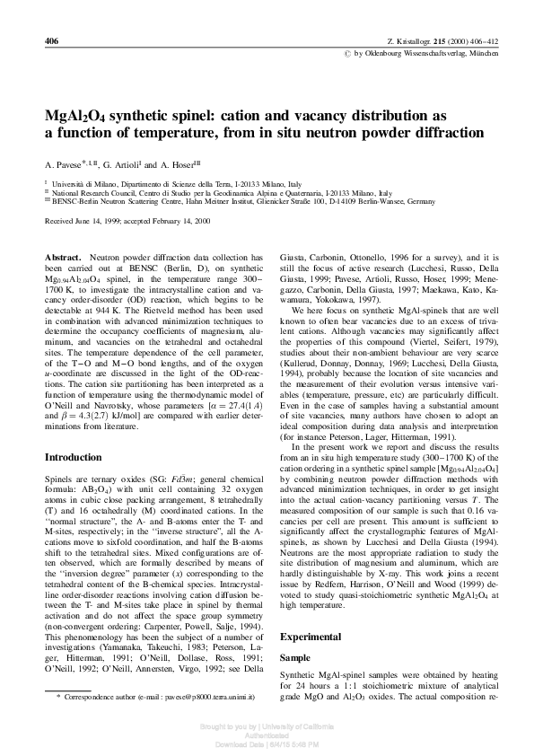 (PDF) MgAl2O4 synthetic spinel: cation and vacancy distribution as a ...