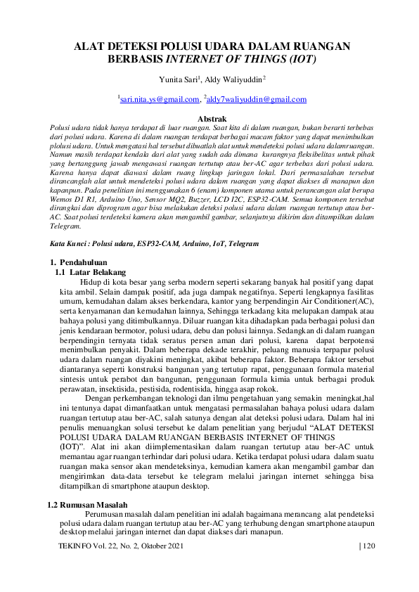 Pdf Alat Deteksi Polusi Udara Dalam Ruangan Berbasis Internet Of Things Iot 