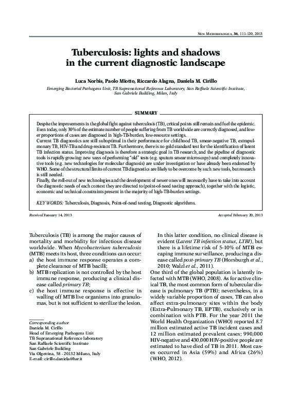 (PDF) Tuberculosis: lights and shadows in the current diagnostic landscape
