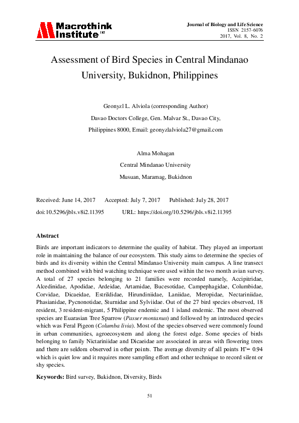 (PDF) Assessment of Bird Species in Central Mindanao University ...