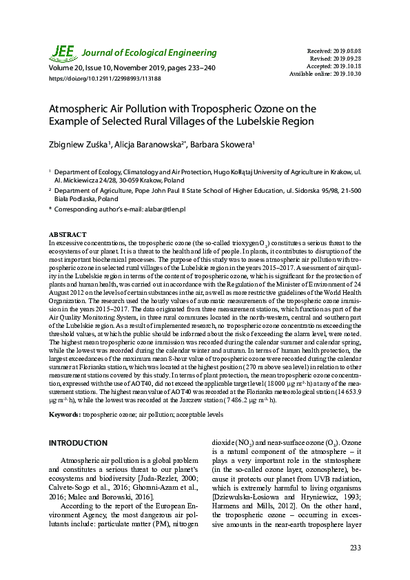 (PDF) Atmospheric Air Pollution with Tropospheric Ozone on the Example ...