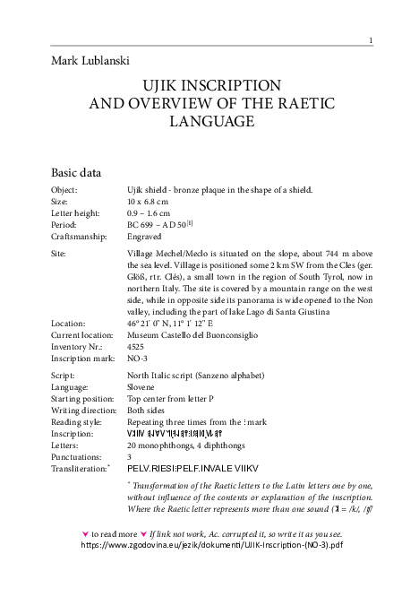 (PDF) Ujik Inscription (NO-3) and Overview of the Raetic Language