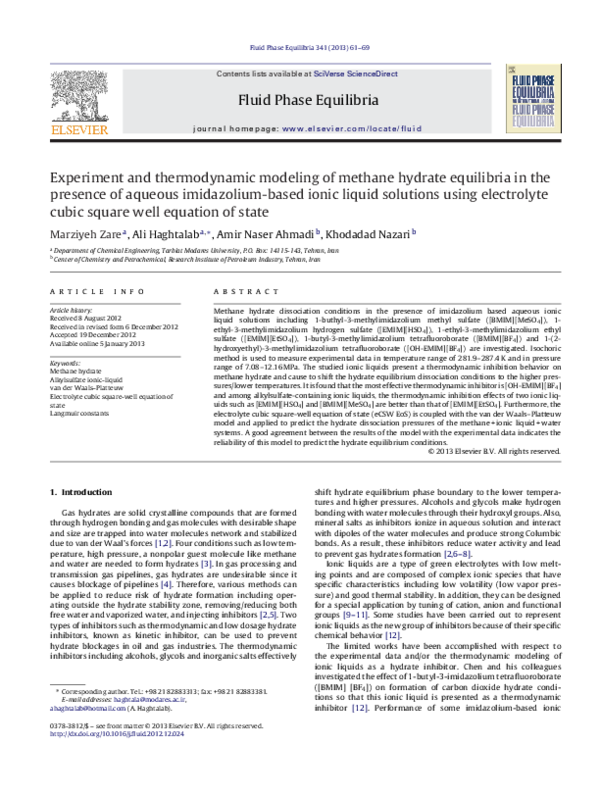 (PDF) Experiment and thermodynamic modeling of methane hydrate equilibria in the presence of ...