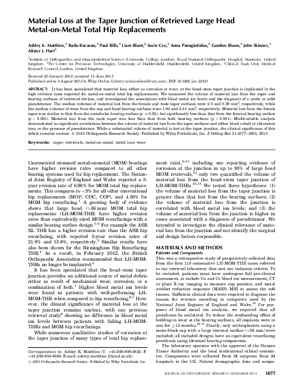 (PDF) Material loss at the taper junction of retrieved large head metal ...