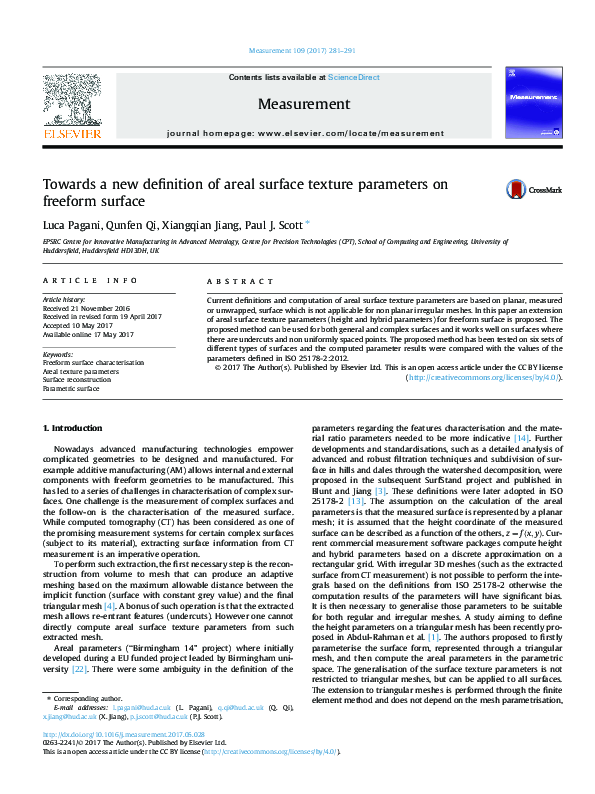 (PDF) Towards a new definition of areal surface texture parameters on freeform surface
