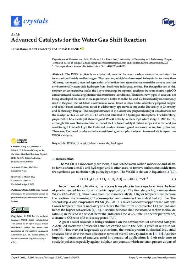 (PDF) Advanced Catalysts for the Water Gas Shift Reaction