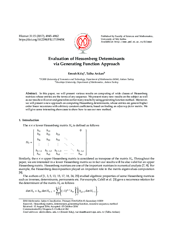 (PDF) Evaluation of Hessenberg determinants via generating function approach | Talha Arıkan ...