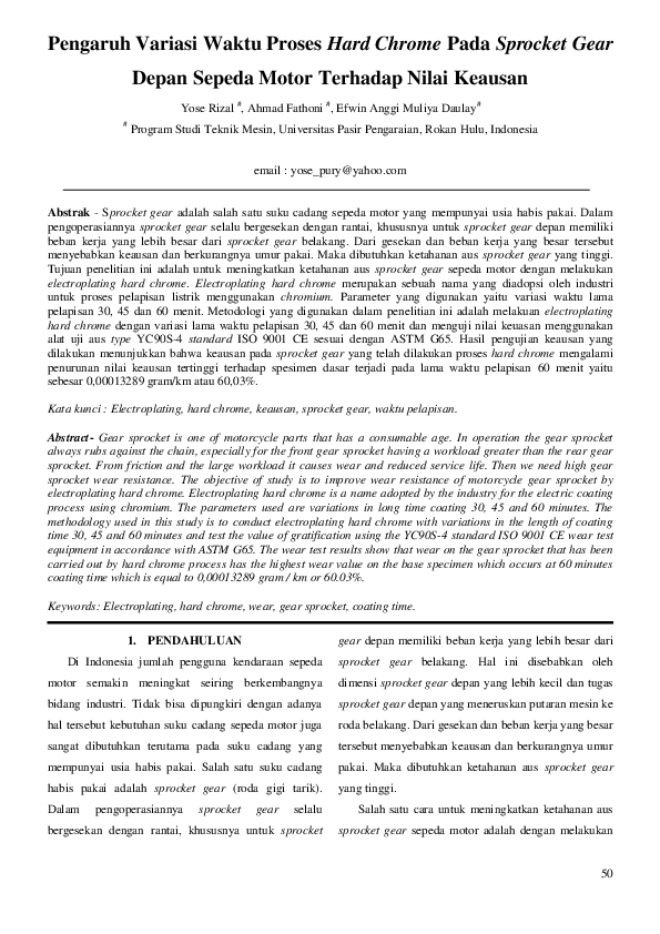 (PDF) Pengaruh Variasi Waktu Proses Hard Chrome Pada Sprocket Gear ...