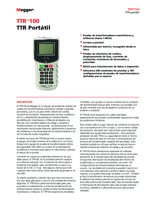 (PDF) TTR ™ 100 TTR Portátil n Prueba de transformadores monofásicos y ...
