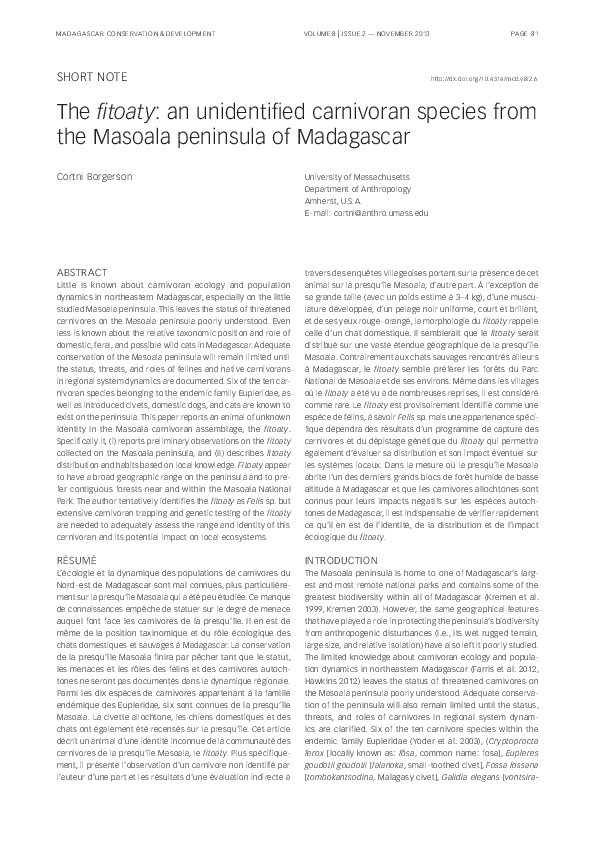 (PDF) The fitoaty : an unidentified carnivoran species from the Masoala ...