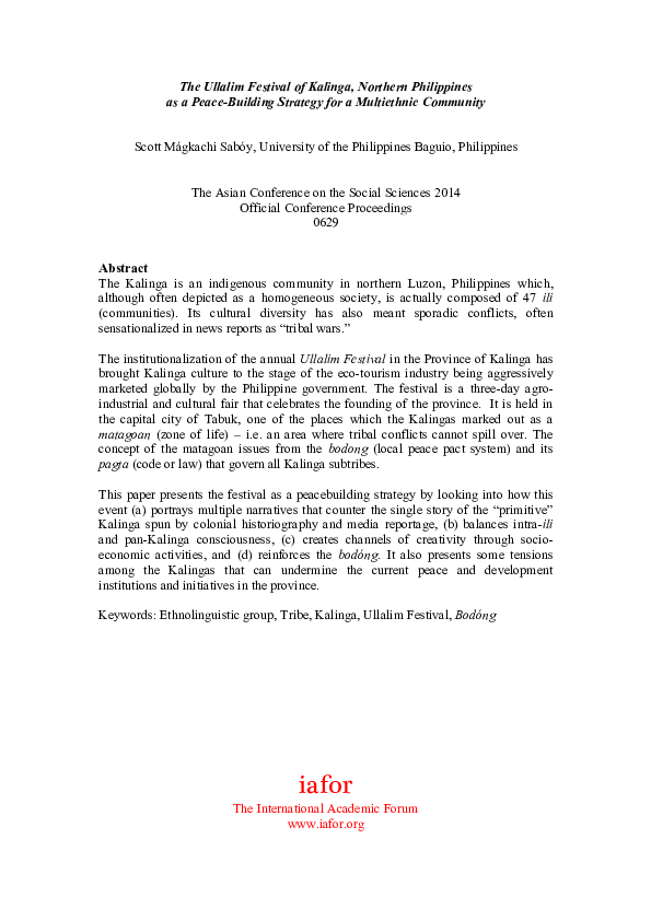 (PDF) The Ullalim Festival of Kalinga , Northern Philippines as a Peace ...