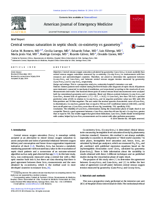 (PDF) Central venous saturation in septic shock: co-oximetry vs gasometry