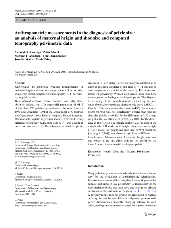 (PDF) Anthropometric measurements in the diagnosis of pelvic size: an ...