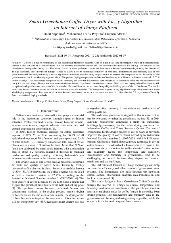 (PDF) Smart Greenhouse Coffee Dryer with Fuzzy Algorithm on Internet of ...