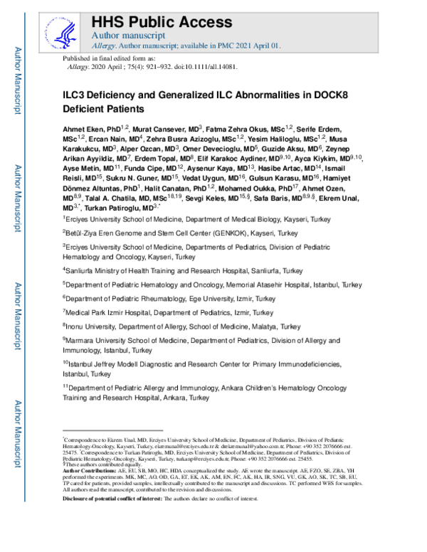 (PDF) ILC3 Deficiency and Generalized ILC Abnormalities in DOCK8 ...