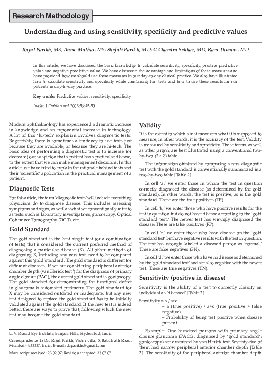 Pdf Understanding And Using Sensitivity Specificity And Predictive Values Rajul S Parikh