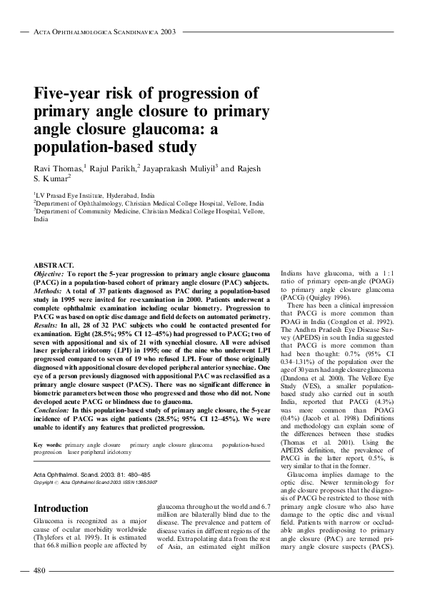 (PDF) Five-year risk of progression of primary angle closure to primary ...