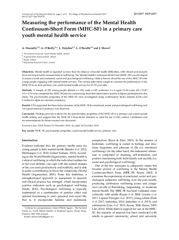 (PDF) Measuring the performance of the Mental Health Continuum-Short ...