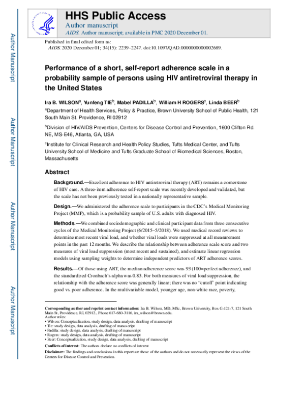 (PDF) Performance of a short, self-report adherence scale in a ...