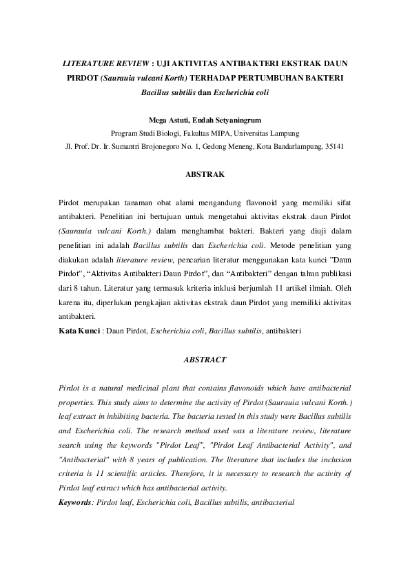 (PDF) LITERATURE REVIEW : UJI AKTIVITAS ANTIBAKTERI EKSTRAK DAUN PIRDOT ...