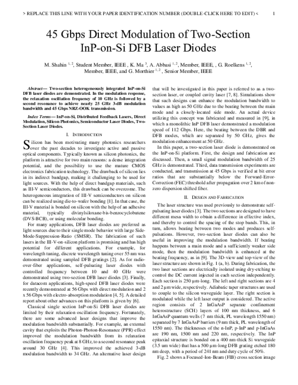 Pdf 45 Gb S Direct Modulation Of Two Section Inp On Si Dfb Laser Diodes