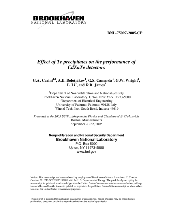 Pdf Effect Of Te Precipitates On The Performance Of Cdznte Detectors