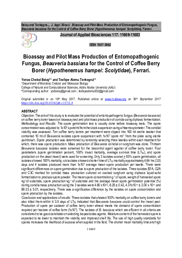 Pdf Bioassay And Pilot Mass Production Of Entomopathogenic Fungus