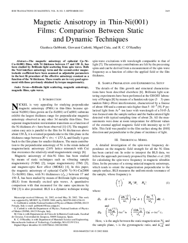 (PDF) Magnetic anisotropy in thin-Ni[001] films: comparison between static and dynamic techniques