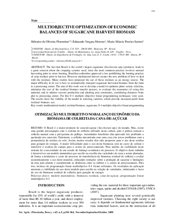 (PDF) Multiobjective optimization of economic balances of sugarcane harvest biomass