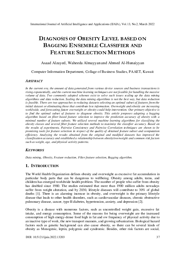 (PDF) Diagnosis of Obesity Level based on Bagging Ensemble Classifier and Feature Selection Methods