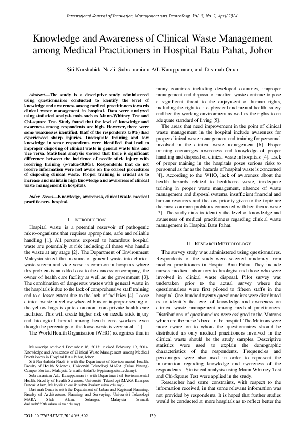 (PDF) Knowledge and Awareness of Clinical Waste Management among ...
