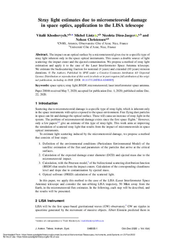 (PDF) Stray light estimates due to micrometeoroid damage in space ...