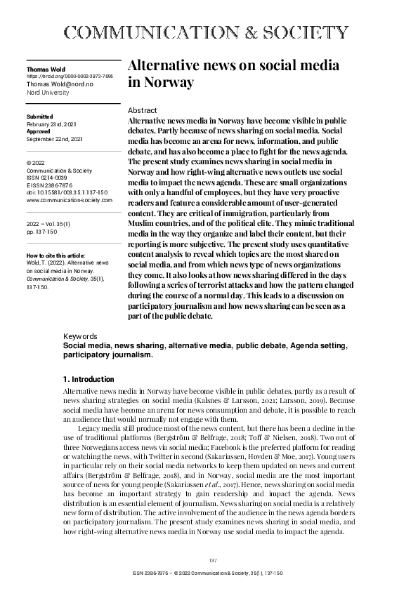 (PDF) Alternative news on social media in Norway