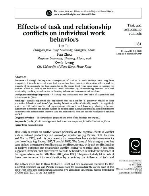 (PDF) Effects of task and relationship conflicts on individual work ...