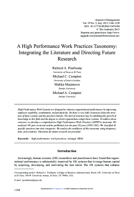 (PDF) A High Performance Work Practices Taxonomy