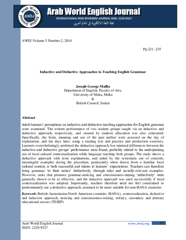 Pdf Inductive And Deductive Approaches To Teaching English Grammar